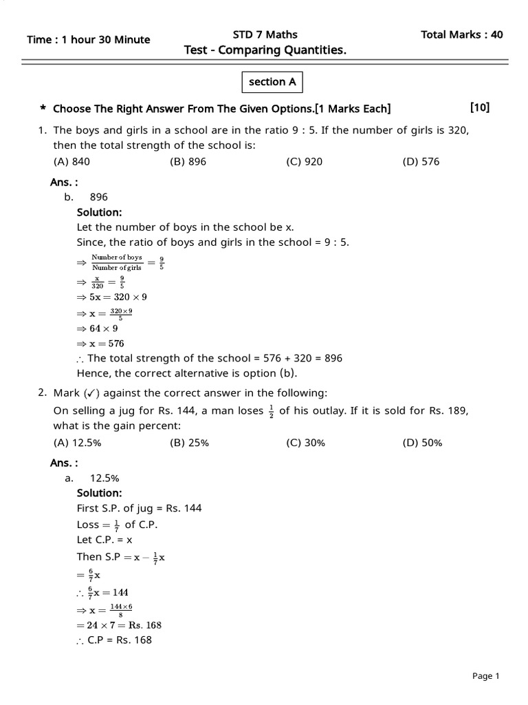 Comparing Quantities 7th. - Solution | PDF | Percentage | Prices