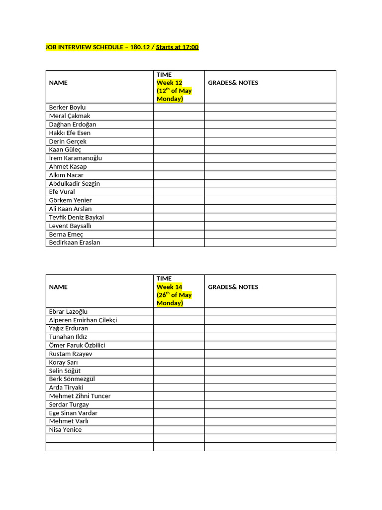 W12and14 - Job Interview SCHEDULE | PDF