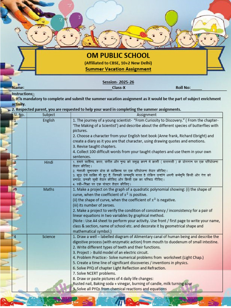 Class- x -Summer Vacation Assignment-2025-26 | PDF | Equations | Algebra