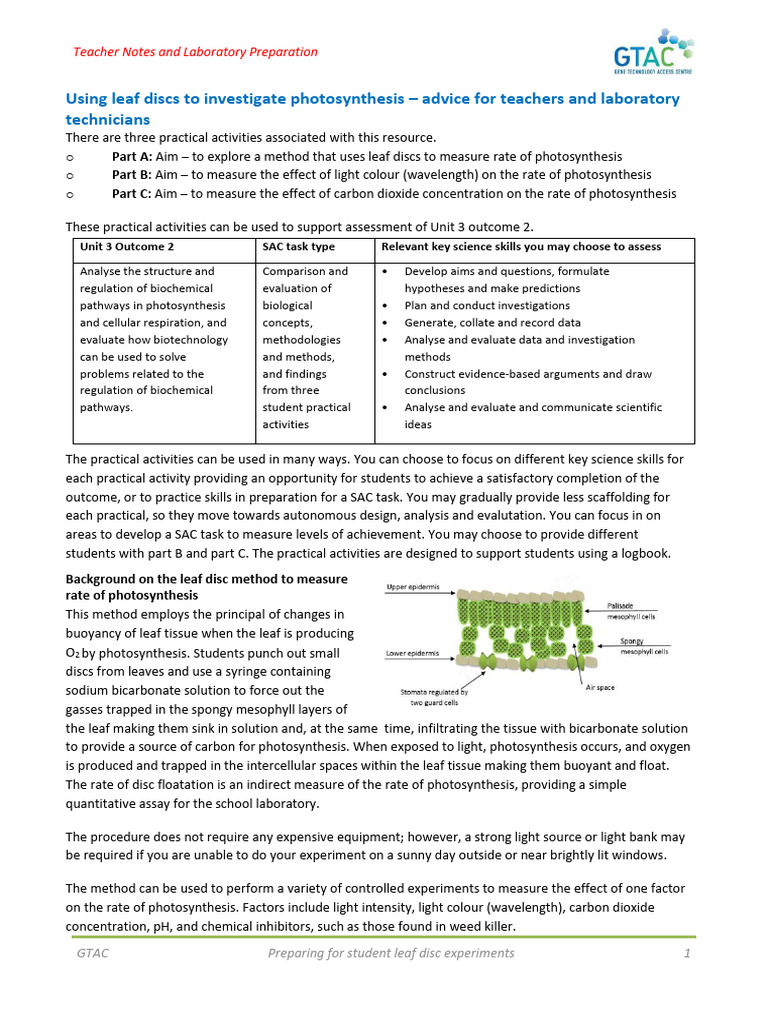 Leaf Disc Practical Activities Advice To Teachers and Lab Techs v1 ...