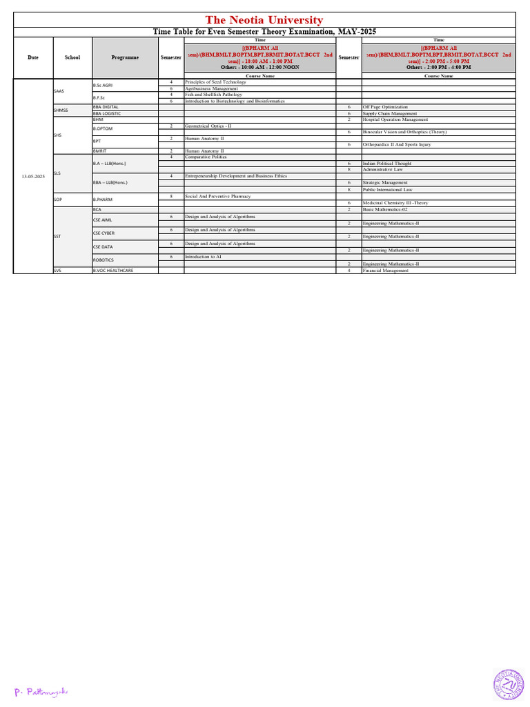 Time Table For Even End Sem Theory Exam - May 2025 | PDF