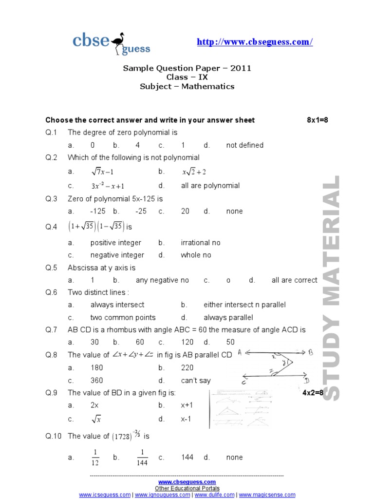 Sample Question Paper - 2011 Class - IX Subject - Mathematics | PDF ...