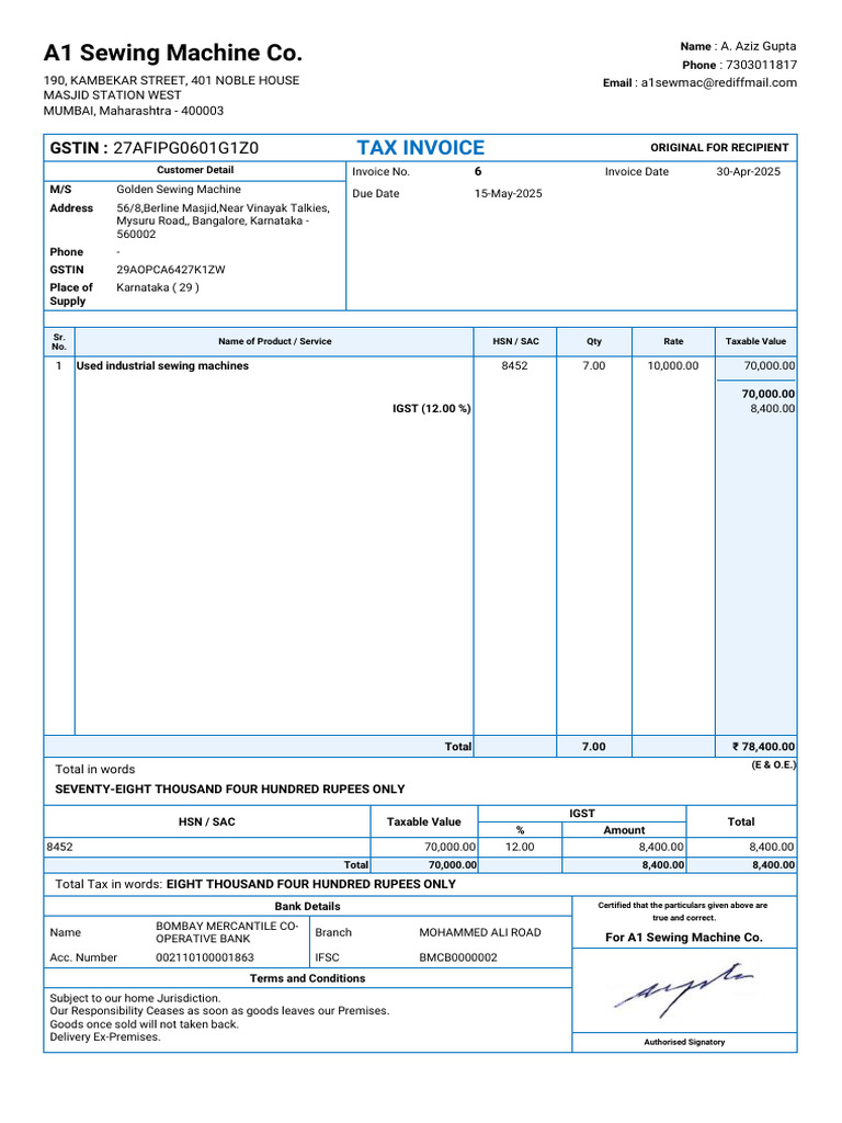 Sewing Machine GST Invoice Details | PDF | Economy Of India | Taxation