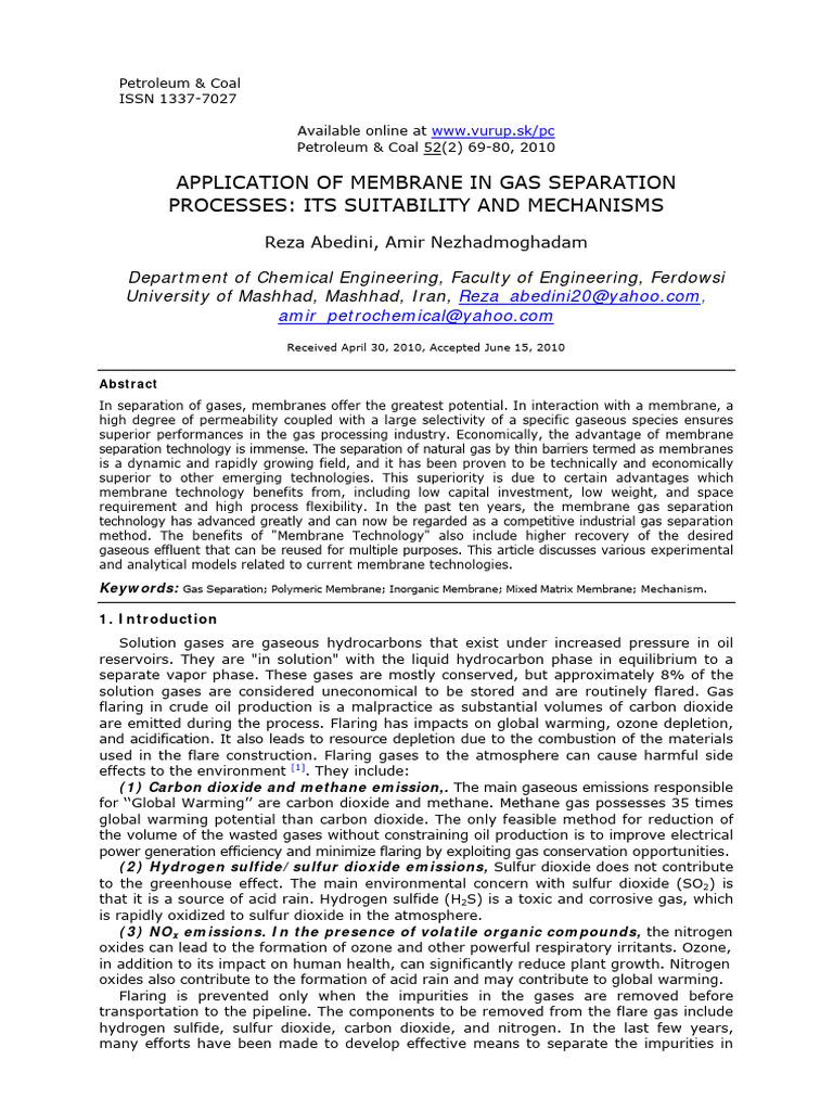 Application of Membrane in Gas Separatio | PDF | Membrane | Adsorption