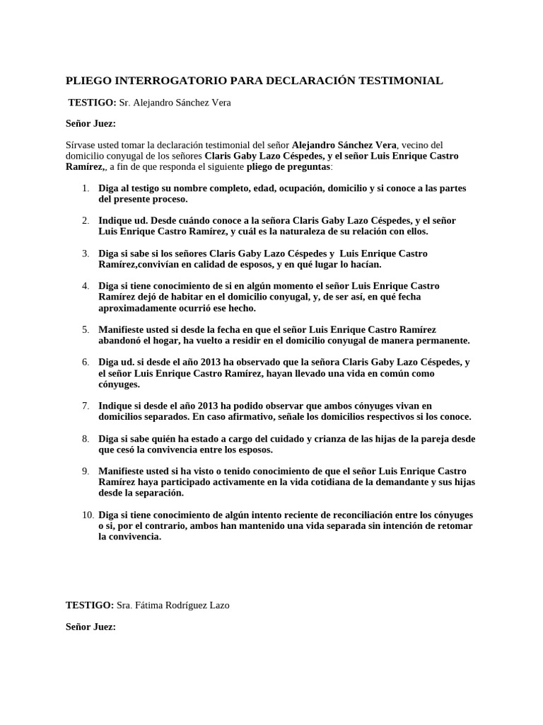 Pliego Interrogatorio Testimonial Matrimonial Pdf Instituciones