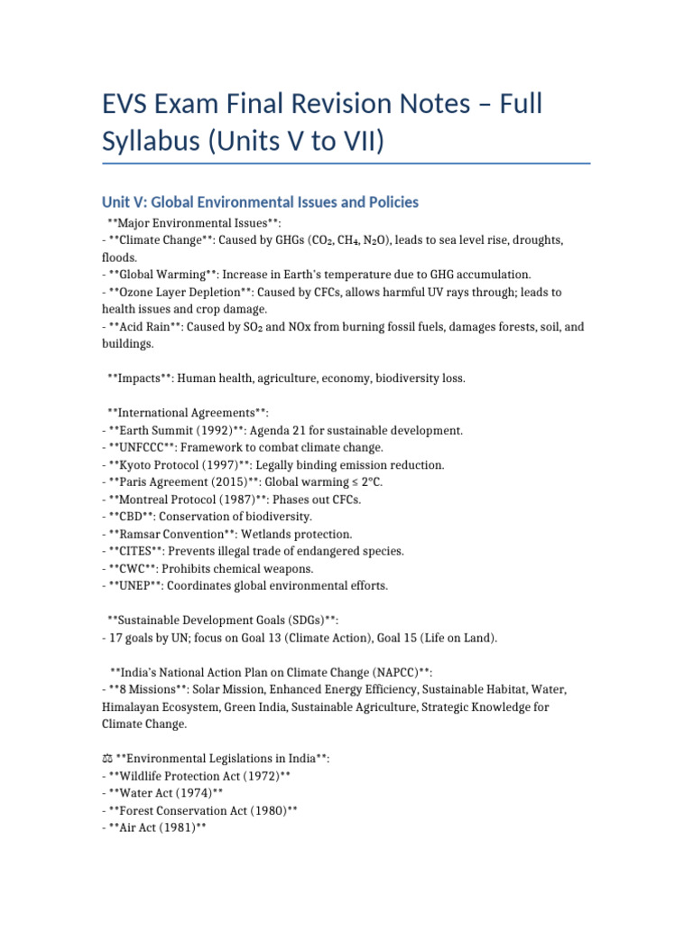 EVS Revision Notes Units V To VII | PDF | Climate Change | Biodiversity