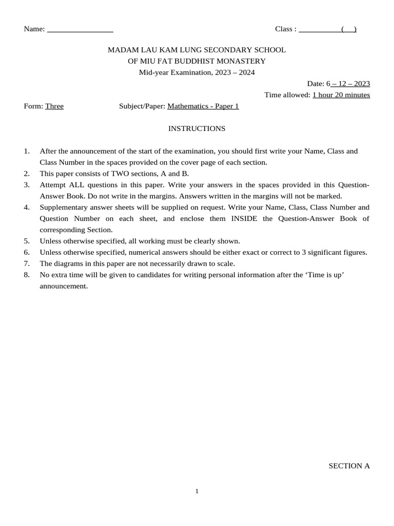 2023-2024 F3 MAT Mid-Year Exam Paper 1 - Question Paper | PDF | Area ...