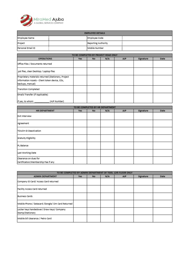 Exit Checklist Form-Miramed Ajuba | PDF | Computing