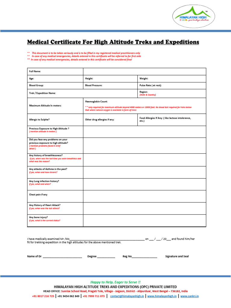 High Altitude Trek Medical Certificate | PDF | Allergy | Altitude