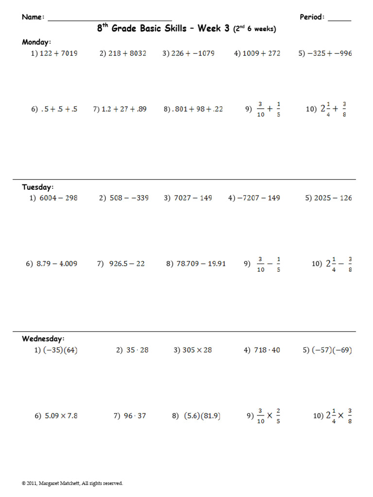 8th Grade Basic Skills Week 3 Plan | PDF