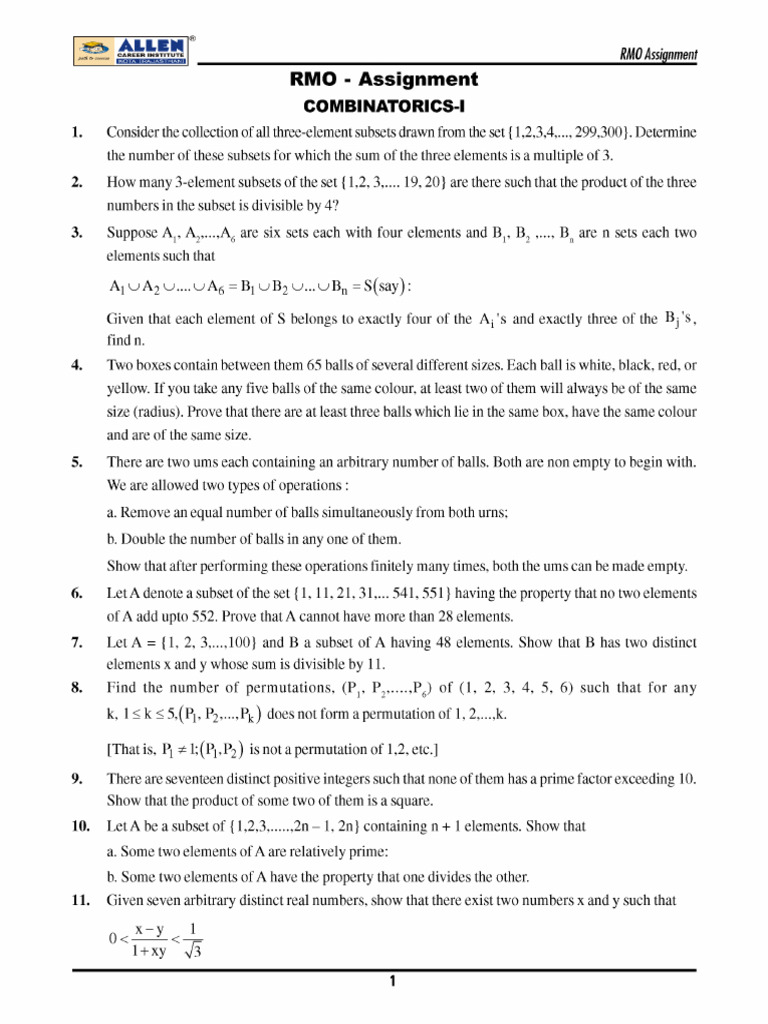 COMBINATORICS-I RMO Sheet Level-I 09.02.2024 | PDF
