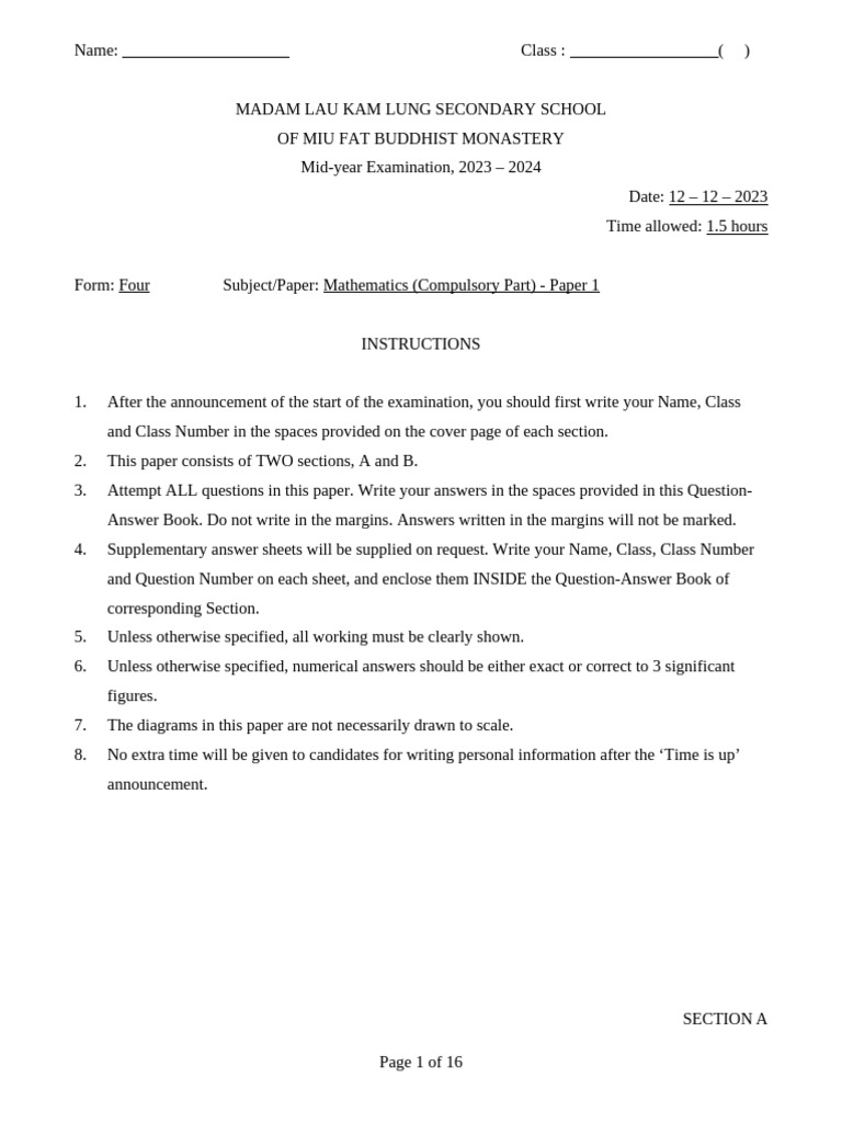 2023-2024 F4 MAT Mid-Year Exam Paper 1 (Question) V3 | PDF | Equations ...