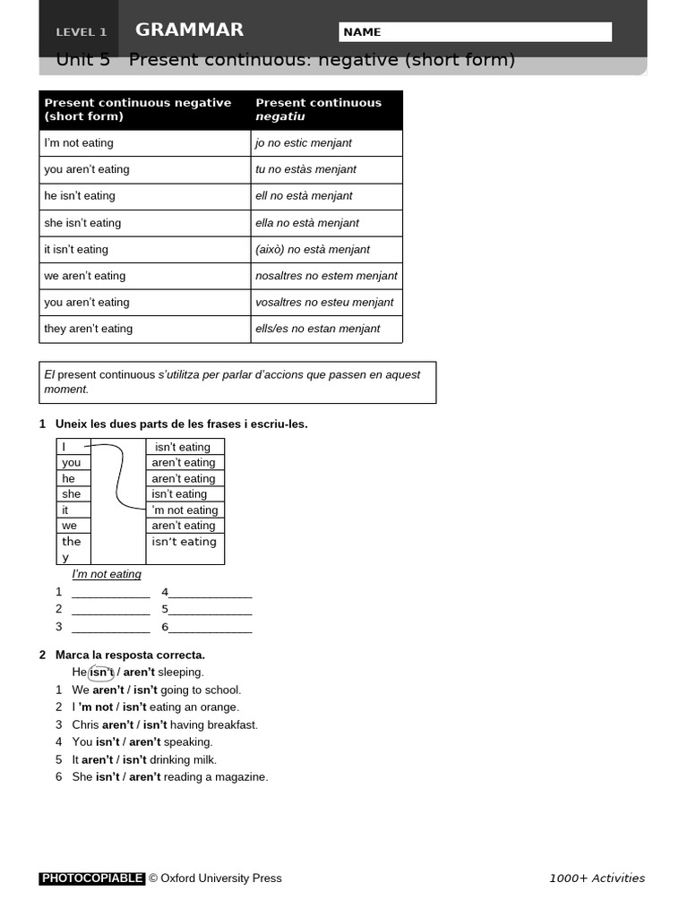 4 Level 1 5 Present Continuous Negative Short Form2 | PDF