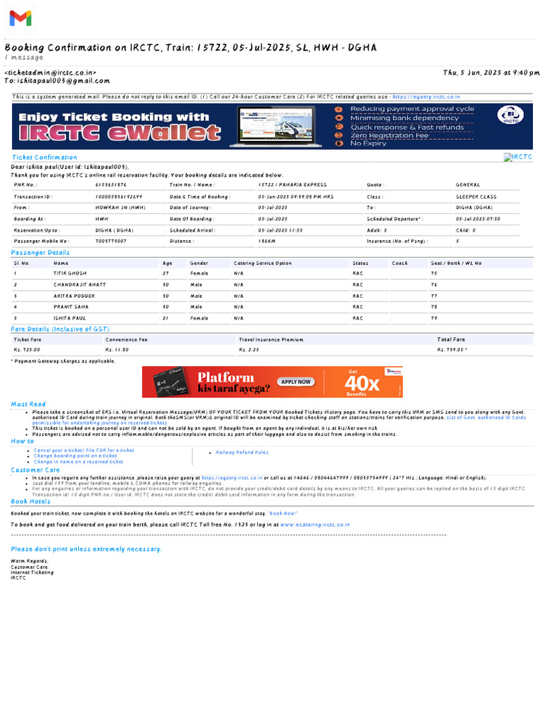 Gmail - Booking Confirmation On IRCTC, Train - 15722, 05-Jul-2025, SL ...