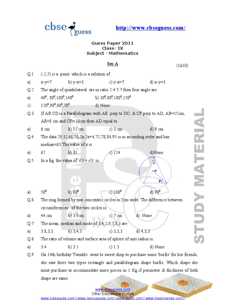 Sec A: Guess Paper 2011 Class-IX Subject - Mathematics | PDF | Circle ...