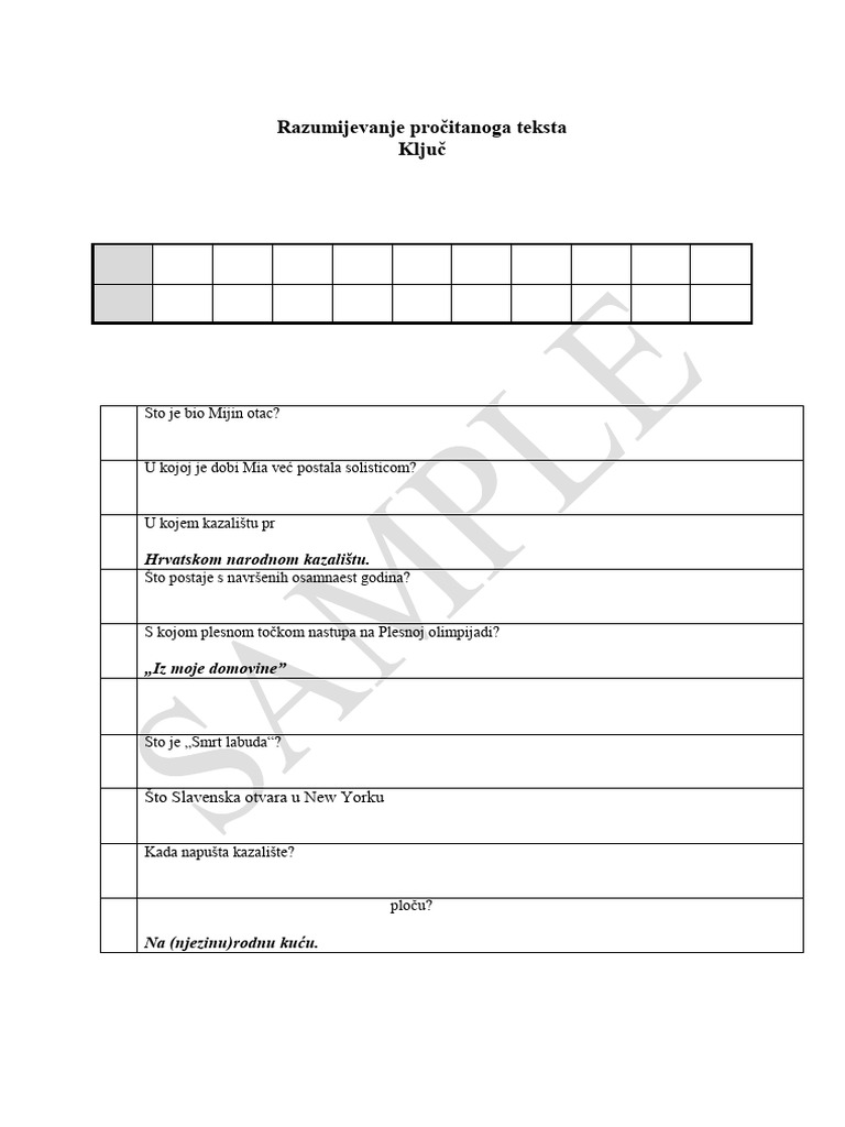 HR B1 Reading Sample Keys | PDF