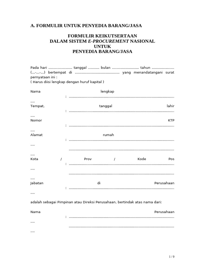 Formulir Keikutsertaan Penyedia | PDF