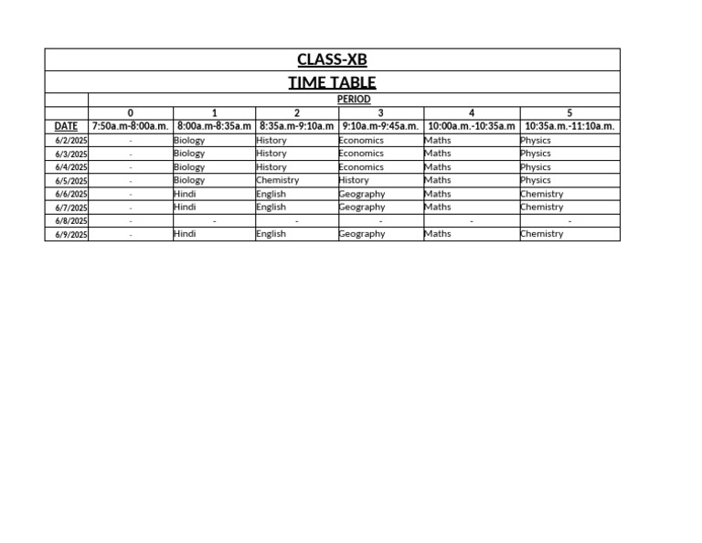 Class XB Timetable June 2025 | PDF