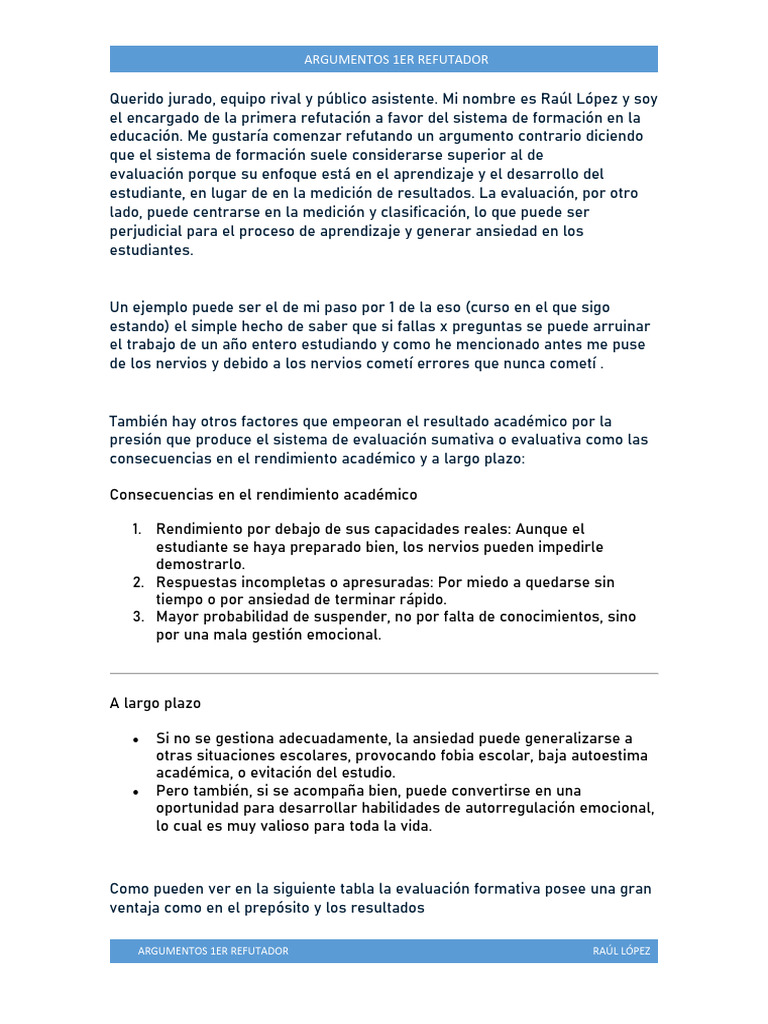 Argumentos 1er Refutador | PDF | Evaluación | Enseñando