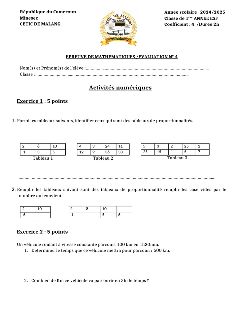 Évaluation de Mathématiques 1ère ESF | PDF