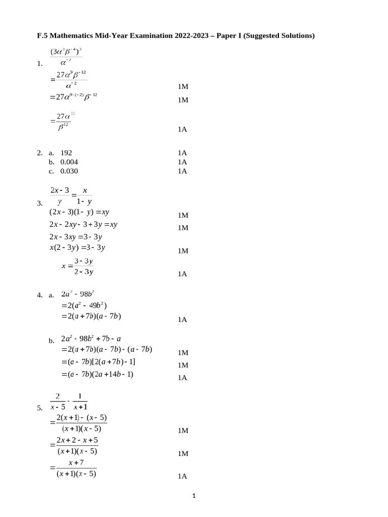 2022-23 F5 MAT Mid-Year Exam Paper 1 (Solution) | PDF | Mathematics | Chess