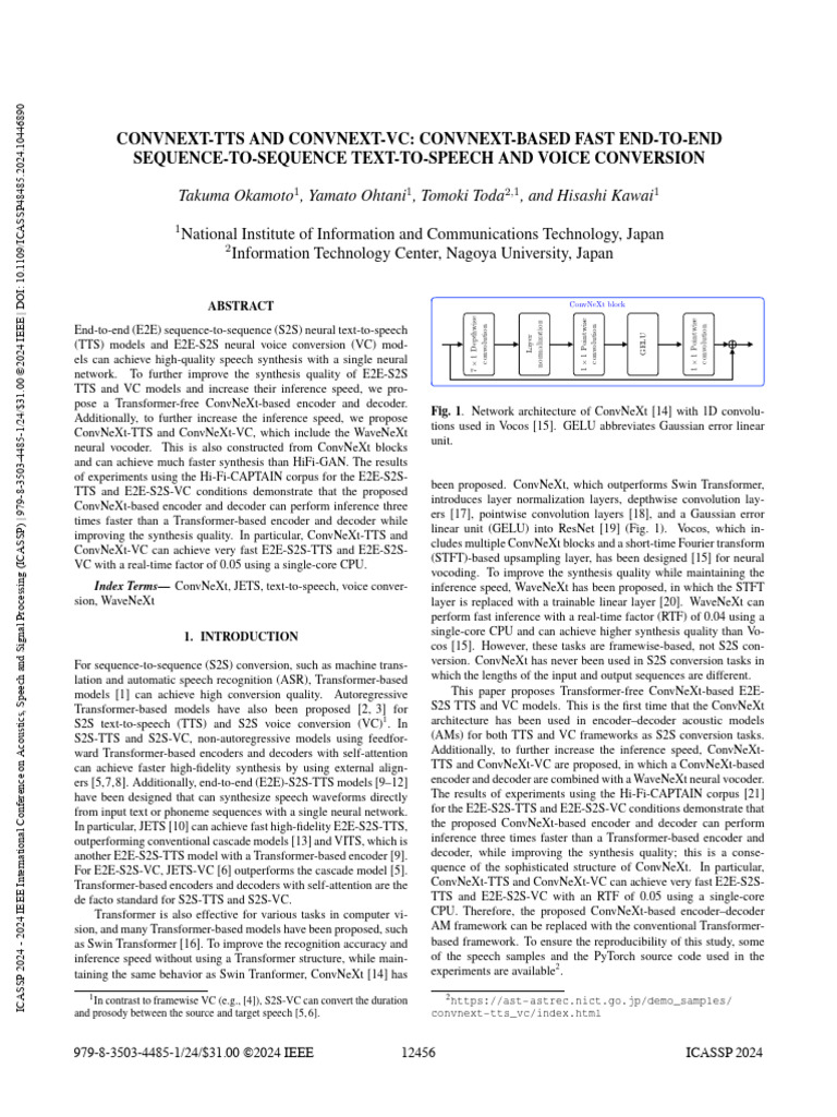 Convnext TTS and Convnext VC Convnext Based Fast End to End Sequence to Sequence Text to Speech ...