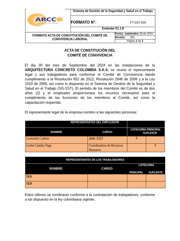 FT-SST-019 Formato Acta de Constitución del Comité de Convivencia Laboral ARCC | PDF | Gobierno