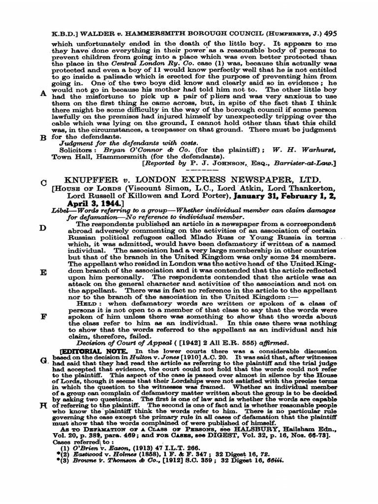 Knupffer V London Express Newspaper LTD (1944) 1 All ER 495 | PDF