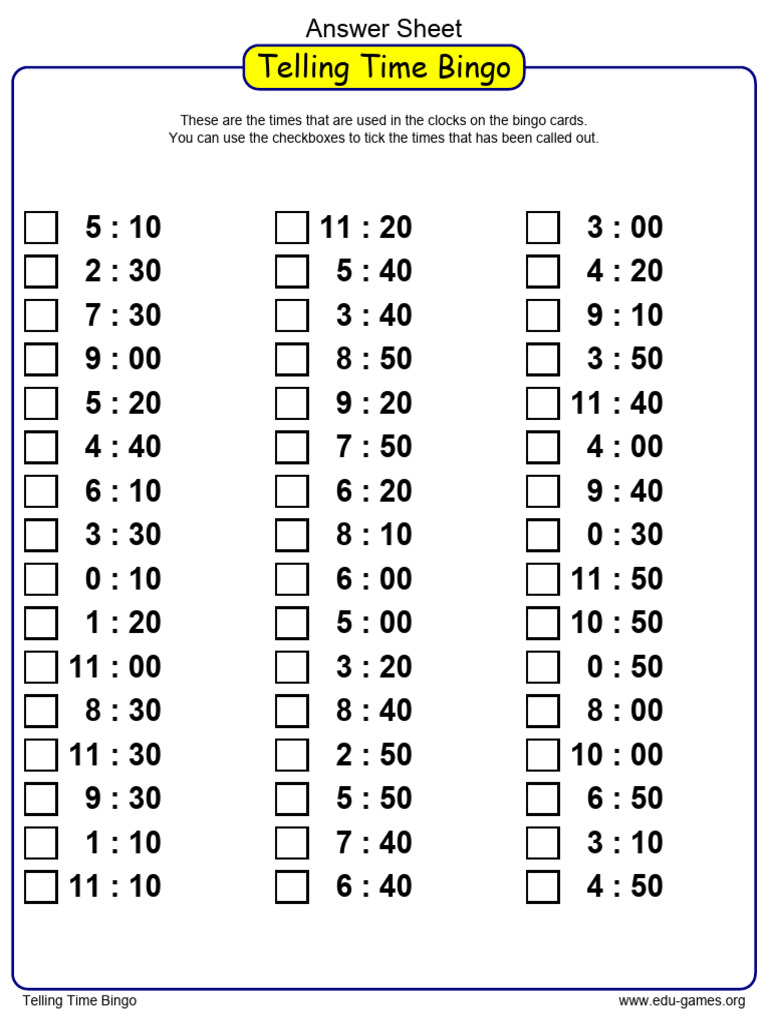 Bingo pour apprendre l'heure | PDF