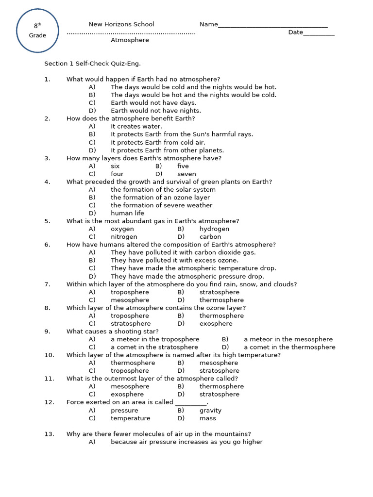 Earth's Atmosphere Quiz for Students | PDF | Atmosphere Of Earth ...