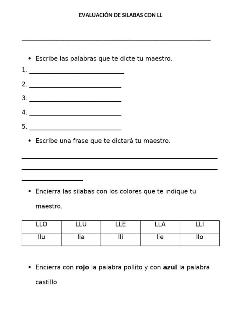 Evaluación de Silabas Con Ll | PDF