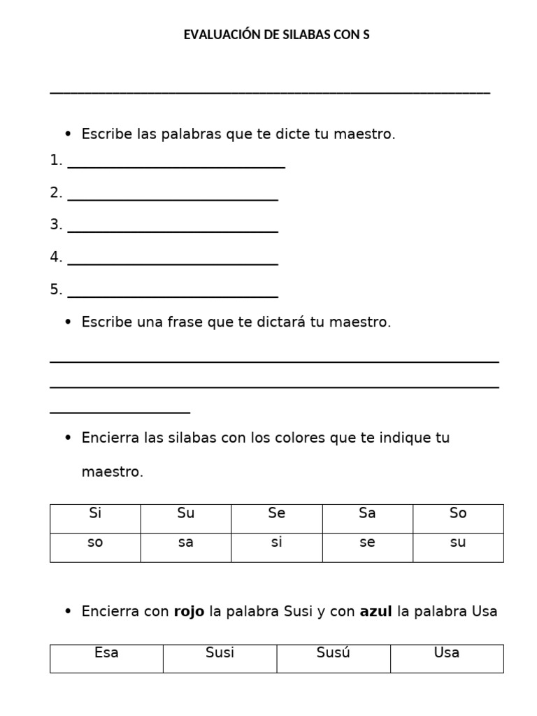 Evaluación de Sílabas con S | PDF