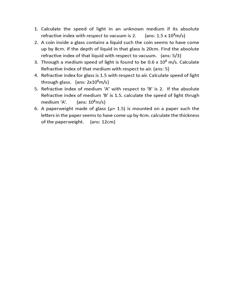 Light Numericals (Refraction) | PDF