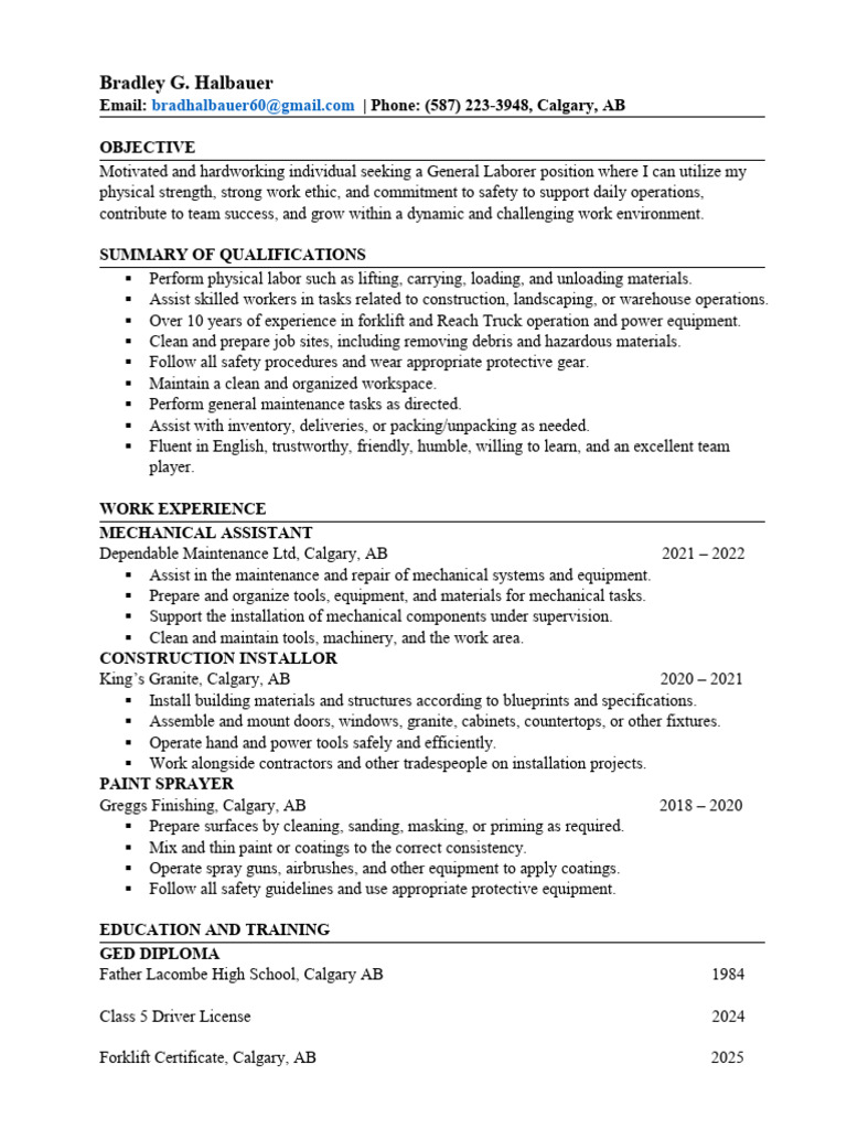Resume Bradley Hal Bauer | PDF | Forklift | Personal Protective Equipment