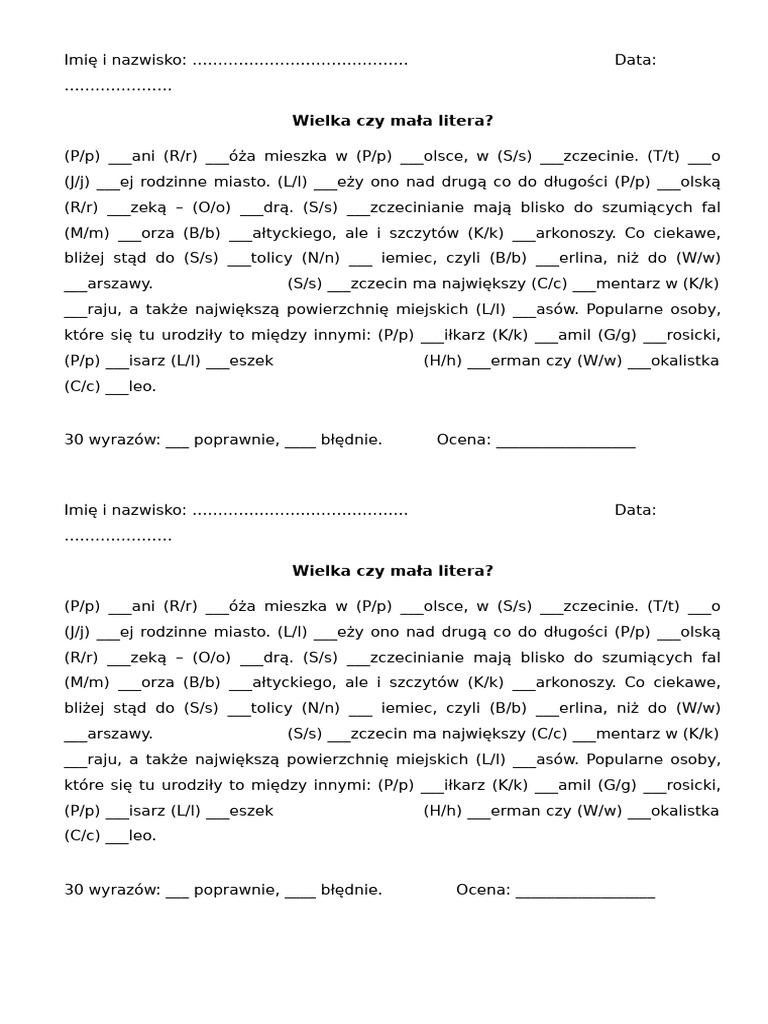 Dyktando Do Uzupełniania - Wielka I Mała Litera | PDF