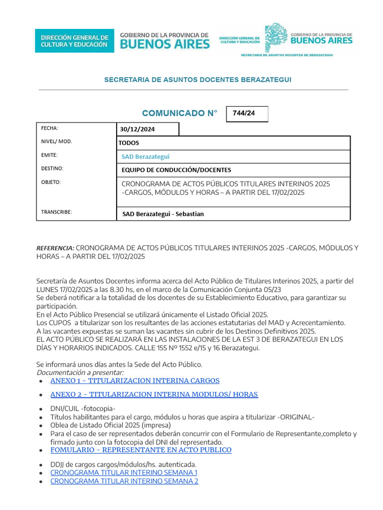 Comunicado N°750 - 24 Cronograma de Actos Públicos Titulares Interinos 2025 - Cargos, Módulos y ...