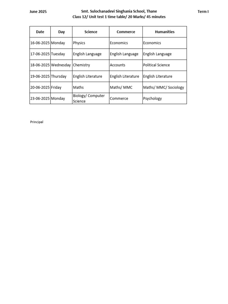 STD 12 Unit Test 1 June 2025 Timetable NPortion | PDF
