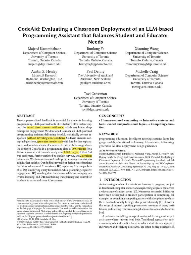 CodeAid Evaluating A Classroom Deployment of An LLM-based | PDF | Client–Server Model ...