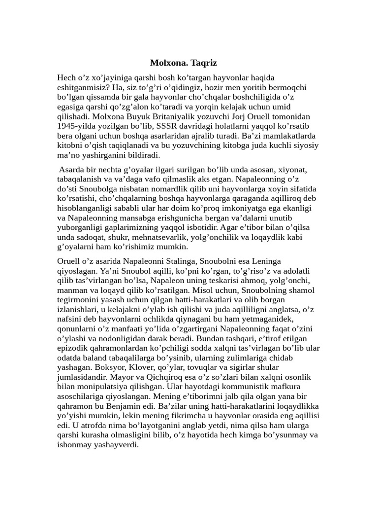 Molxona. Mirkomil Nuriddinov | PDF