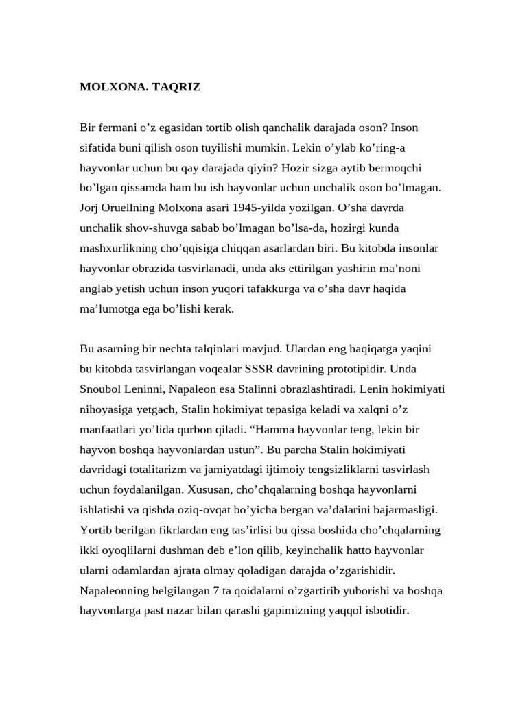 MOLXONA. Yulduz Jo'Liboyeva | PDF