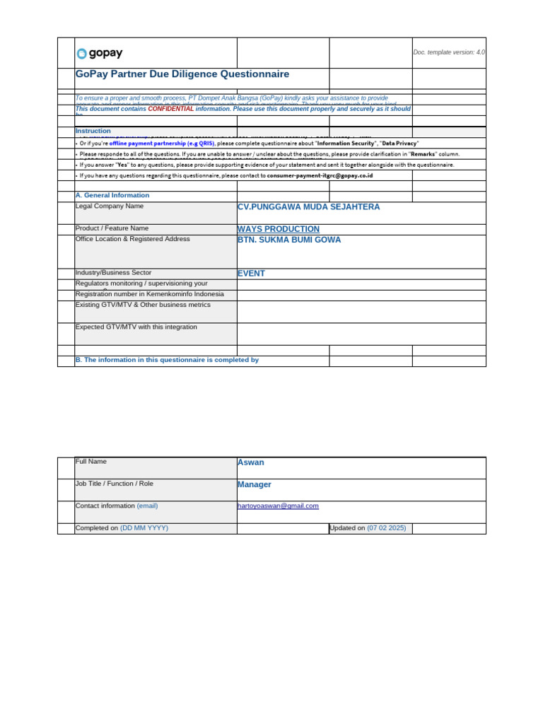 GoPay Partner Due Diligence Questionnaire | PDF | Information Security ...