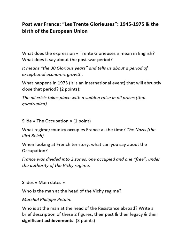Post War France Worksheet Group Correction | PDF | France | French ...