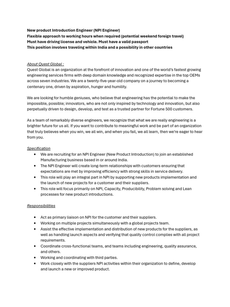 New Product Introduction Engineer- India (1) | PDF | Supply Chain | New ...