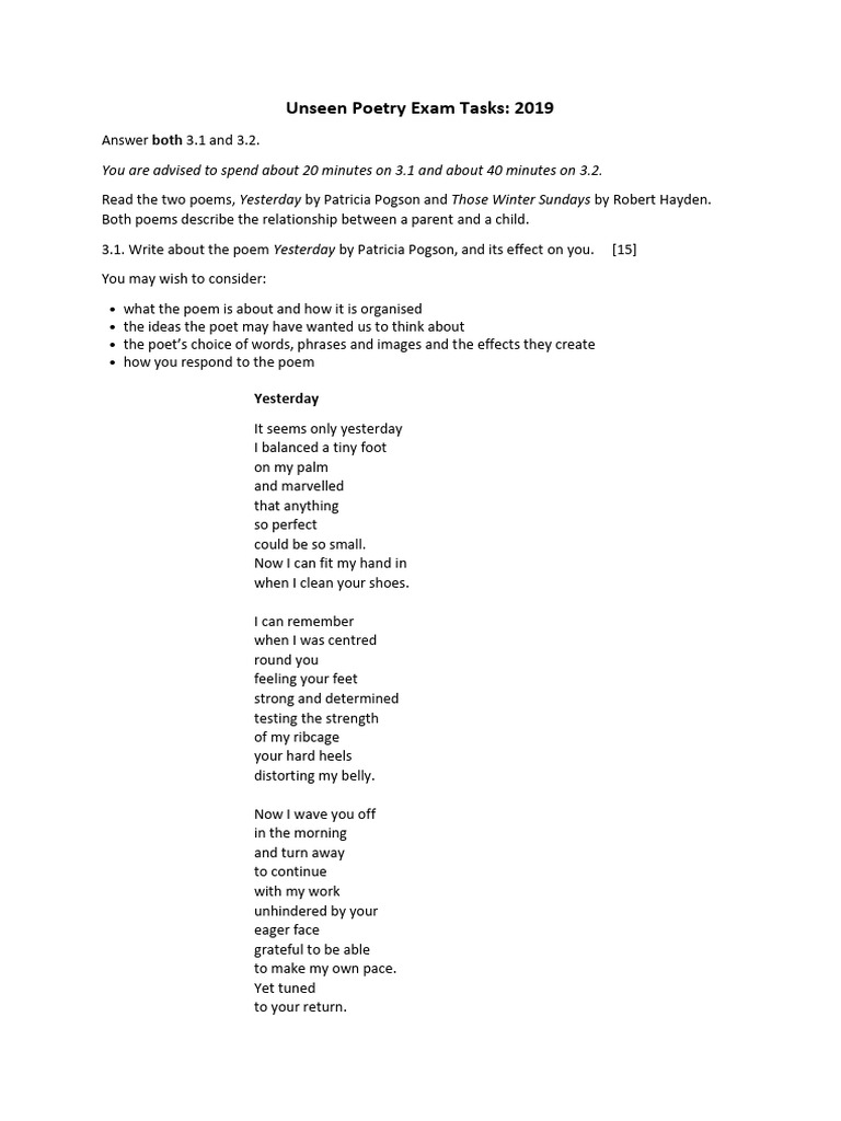 Unseen Poetry 2019 Exam Tasks | PDF | Poetry
