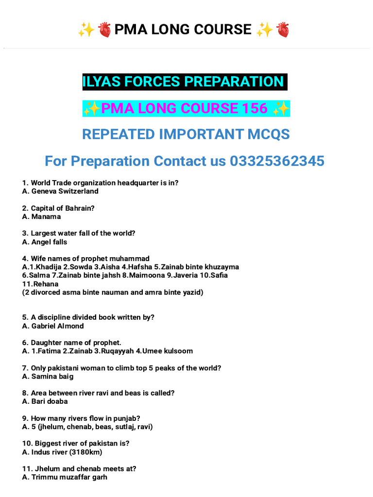 PMA Long Course MCQs for Preparation | PDF | Pakistan | Indus River