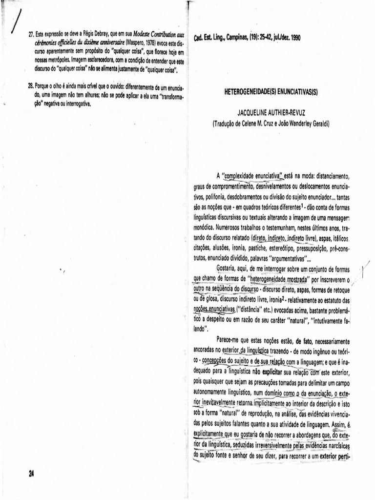 ''Heterogeneidade(s) Enunciativa(s) '', de Jacqueline Authier-Revuz | PDF