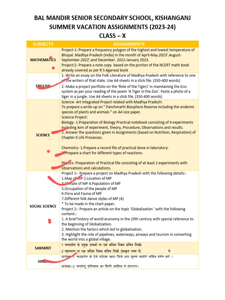 CLASS - 10 Summer Vacation Assignments | PDF