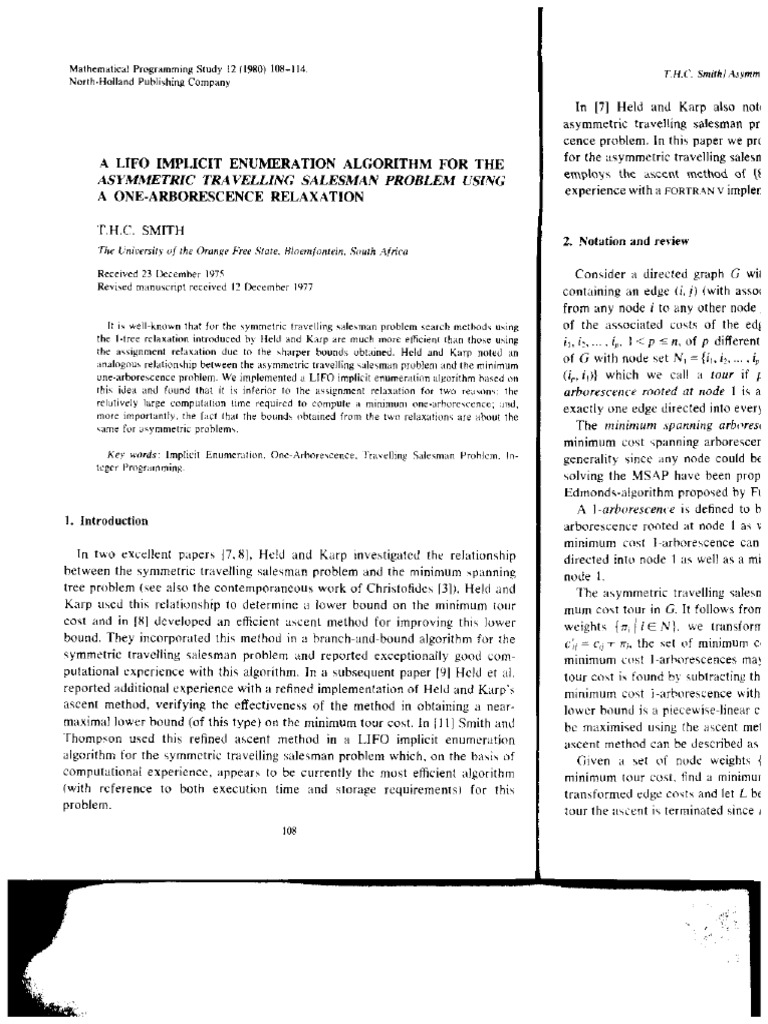 A LIFO Implicit Enumeration Algorithm For The Asymmetric TSP Using A One-Arborescence Relaxation ...