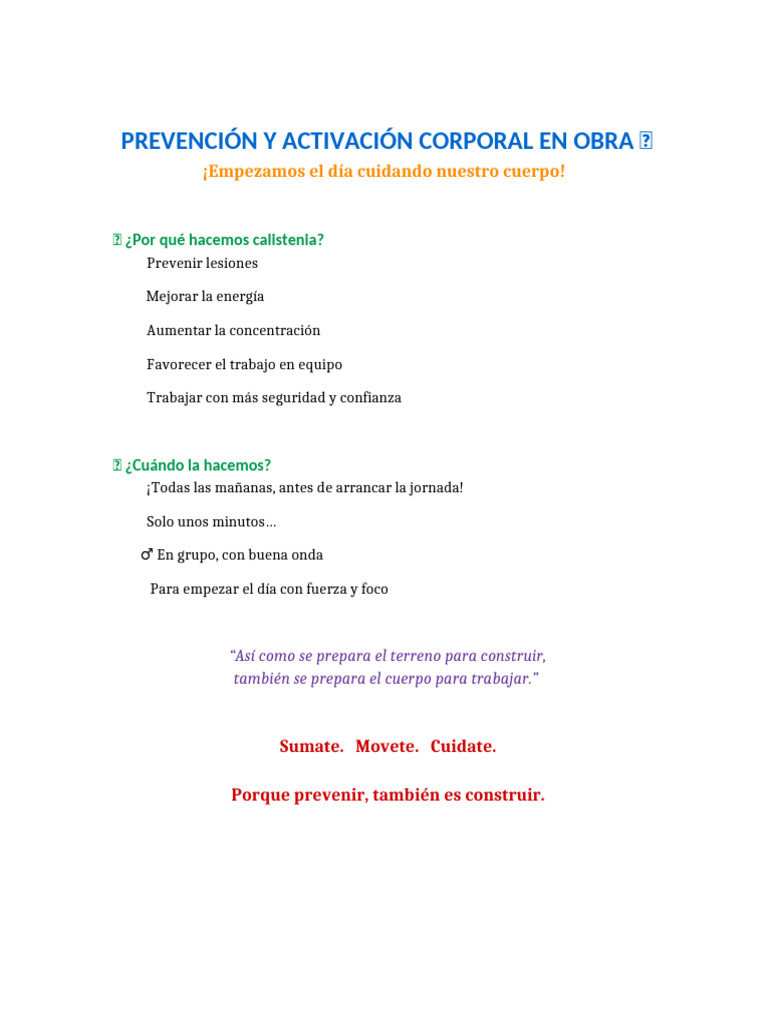 Prevencion y Activacion Corporal en Obra Visual | PDF