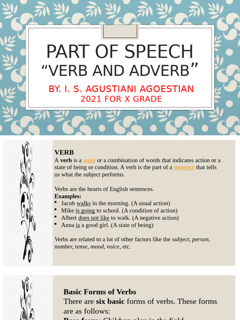 Part of Speech Verb and Adverb | PDF | Verb | Adverb